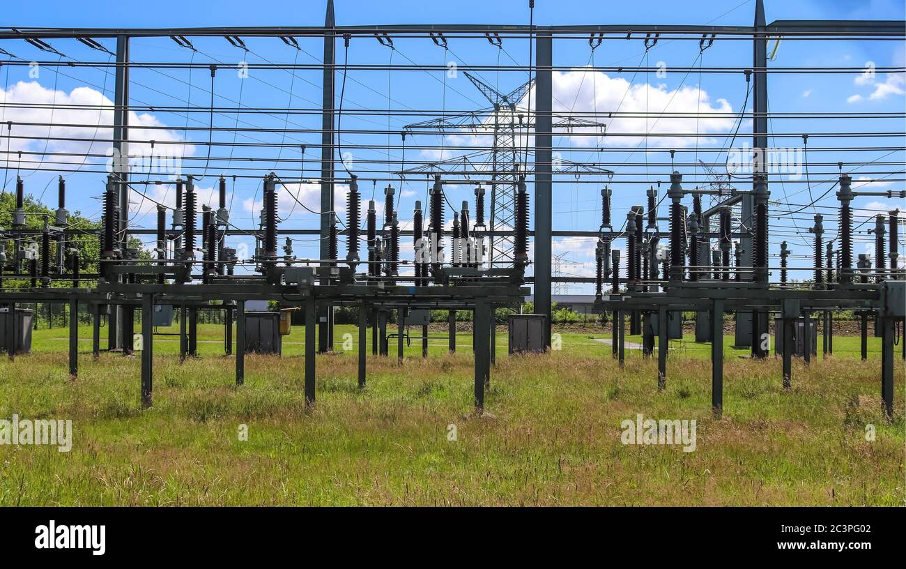 Electrical Transformer. Distribution of electric energy at a big ...