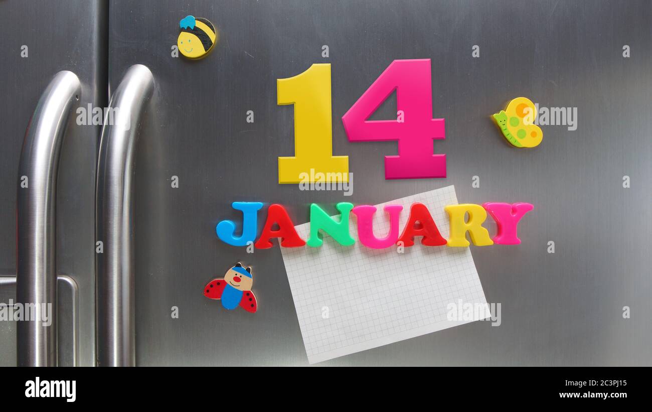 January 14 calendar date made with plastic magnetic letters holding a ...