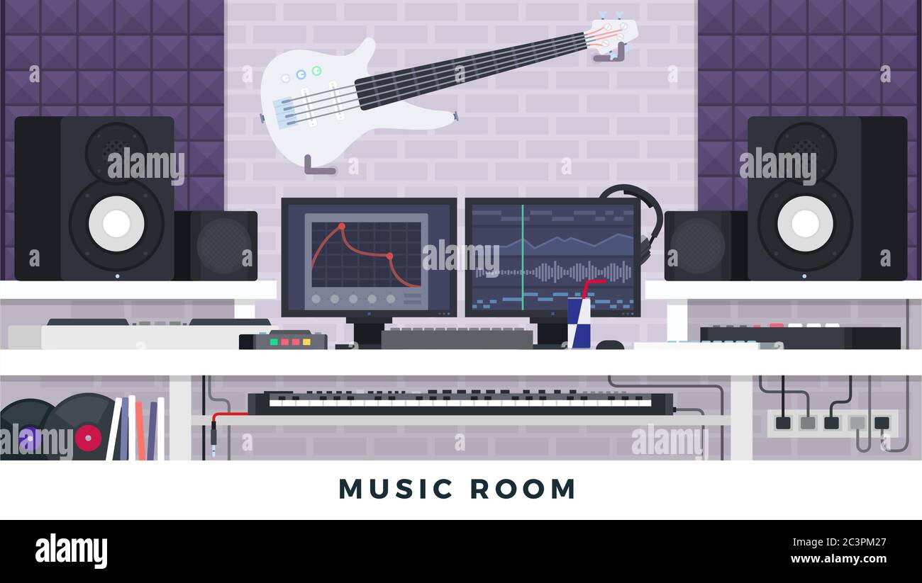 Music room. Musician workspace. Vector flat illustrations. Music and ...