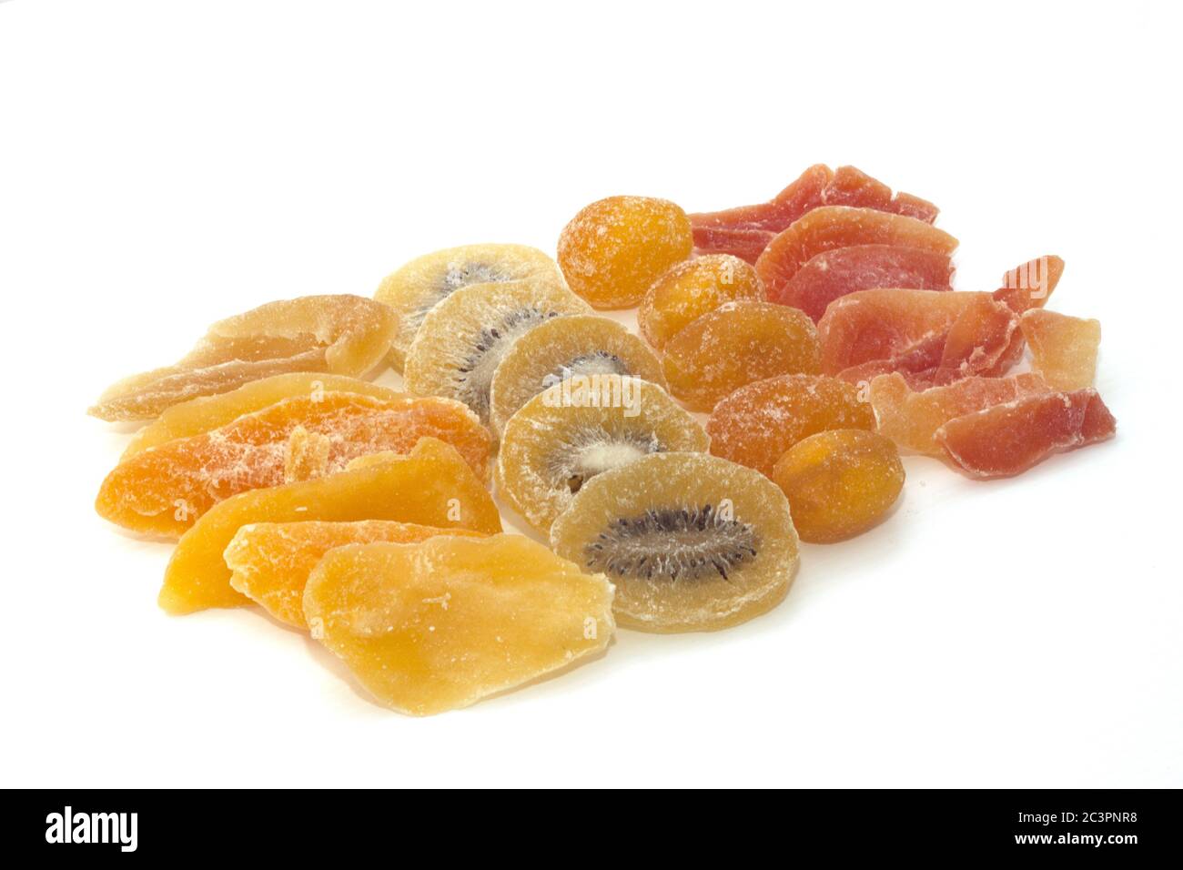 Closeup shot of different types of dried exotic fruit isolated on a ...