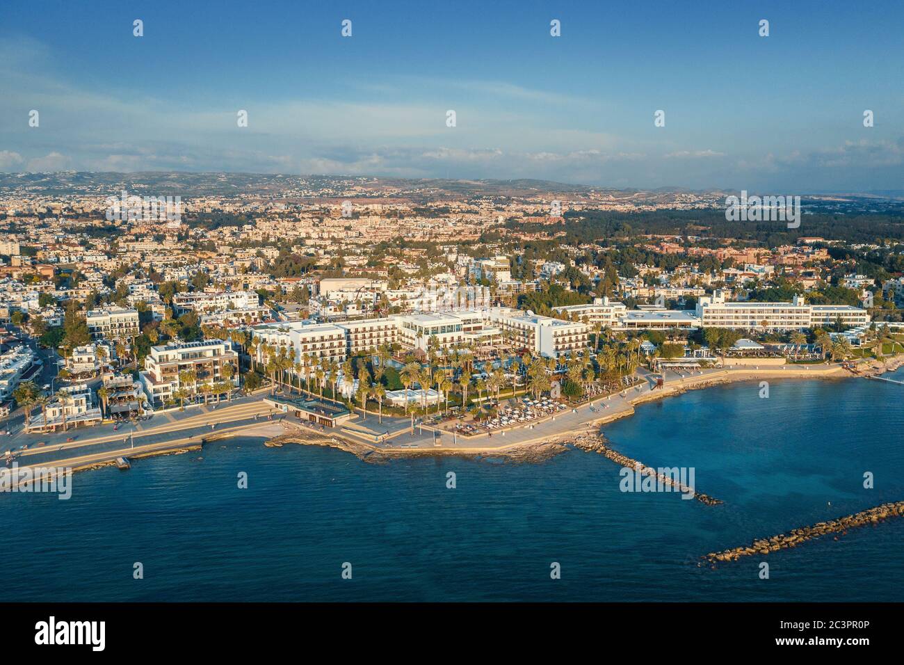 Aerial view of Paphos embankment in Cyprus. Coastline with hotels ...