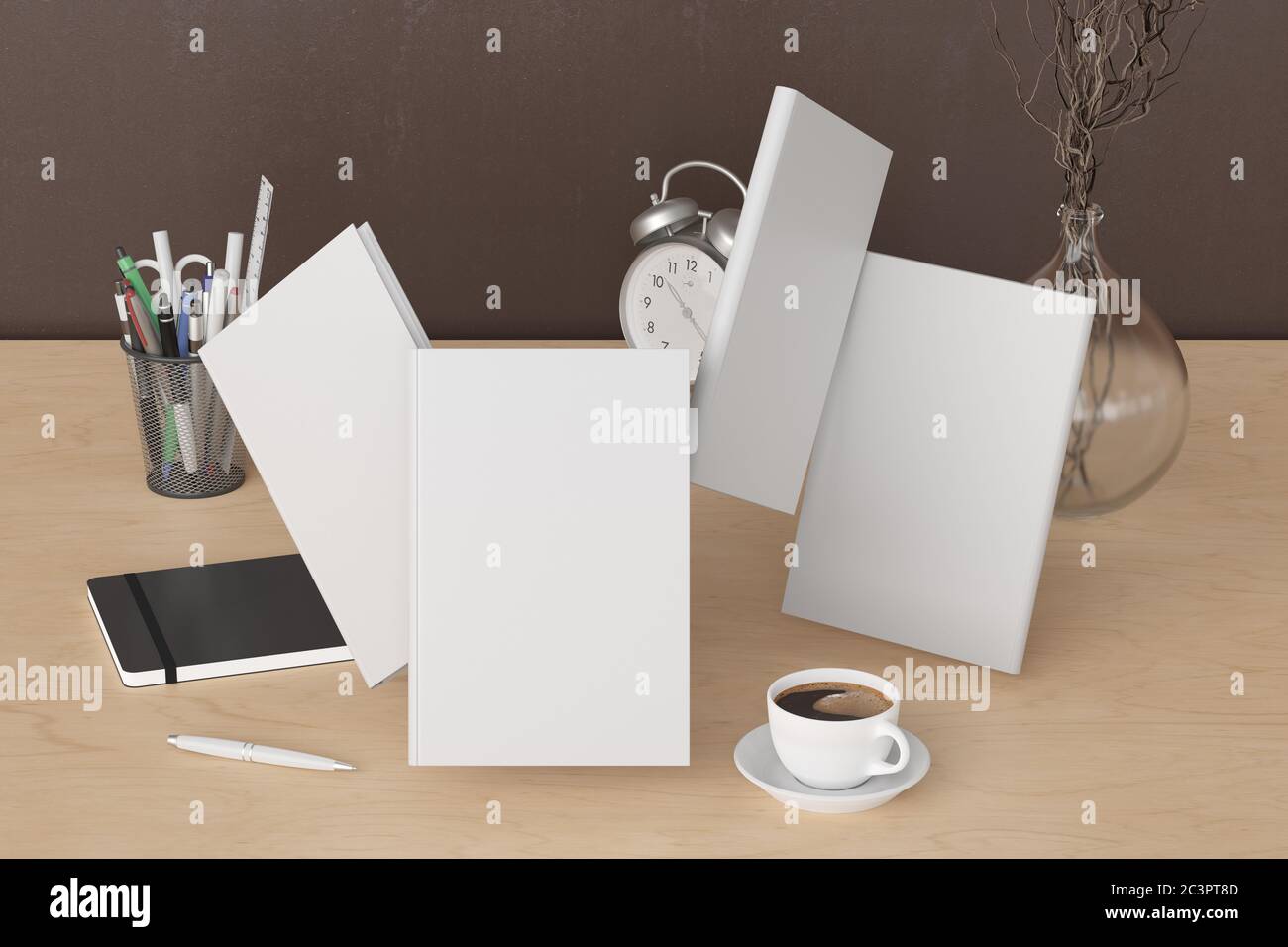 Blank book cover mock up flying over desk in office workspace. Front ...