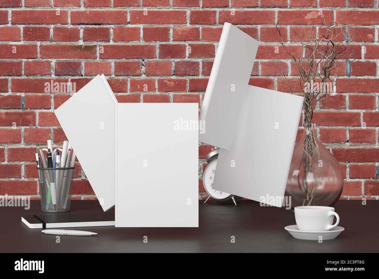 Blank book cover mock up flying over desk in office workspace. Front ...