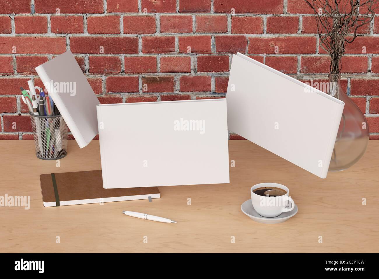 Horizontal blank book cover mock up flying over desk in office ...