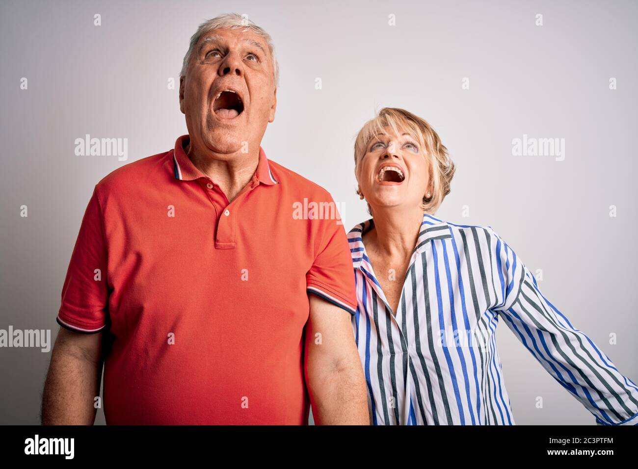 Senior beautiful couple standing together over isolated white ...