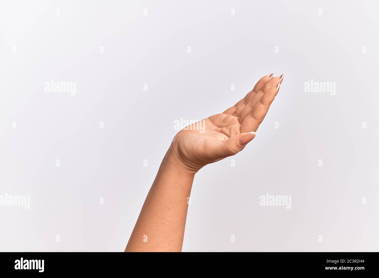 Hand of caucasian young woman presenting with open palm, reaching for ...