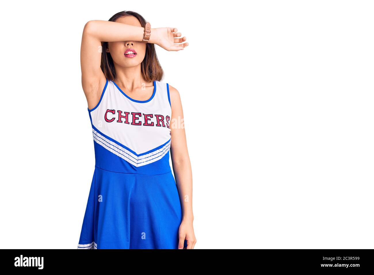 Young Beautiful Chinese Girl Wearing Cheerleader Uniform Covering Eyes 3931