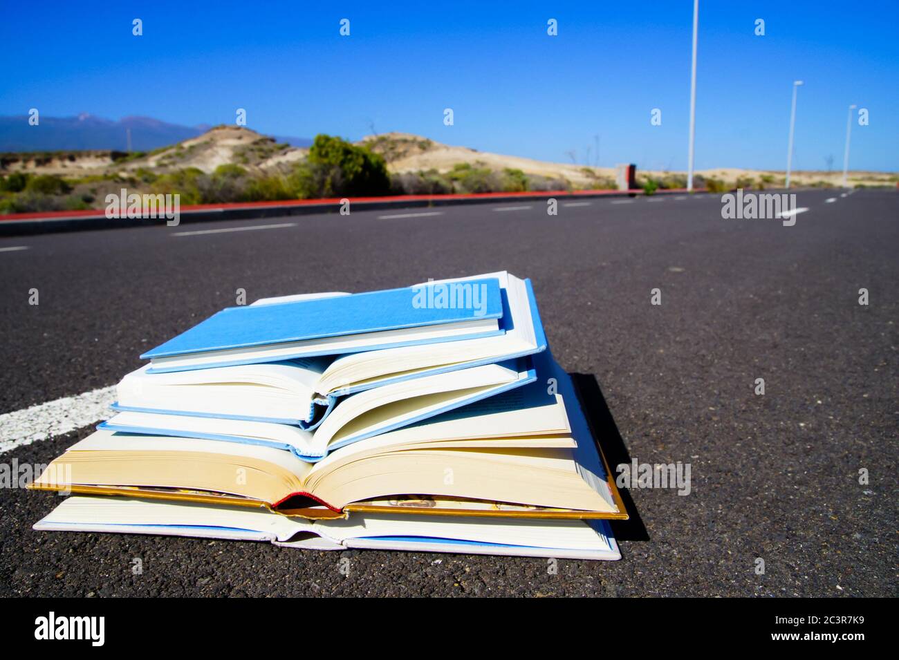 On the Road Literature Concept Books over Asphalt Stock Photo - Alamy