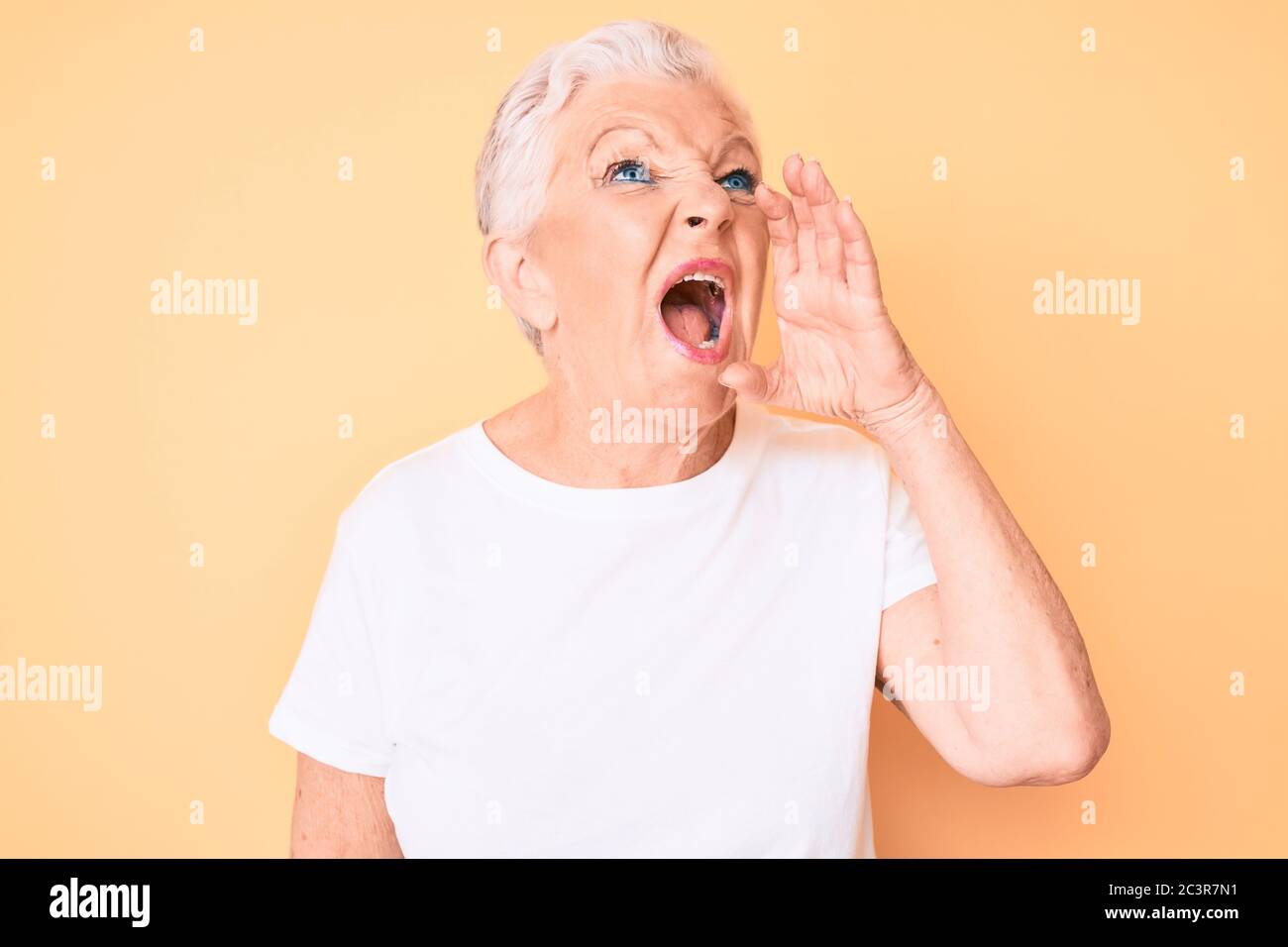 Senior beautiful woman with blue eyes and grey hair wearing classic ...
