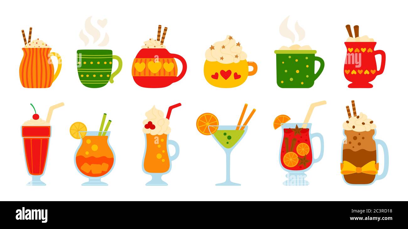 Drink summer flat set. Cartoon different beverages hot and fresh. Cute ...