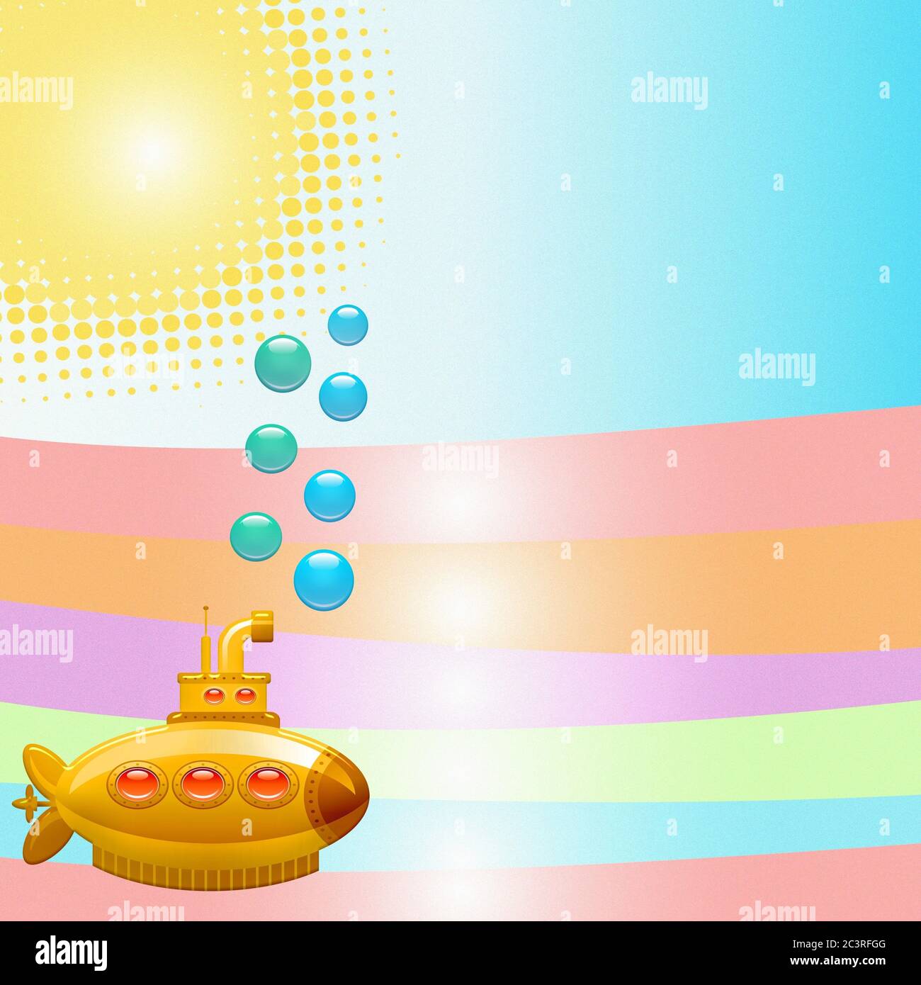 The illustration of a submarine in a colorful sea under the blue sky ...