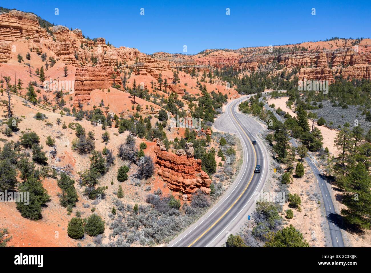 Aerial views of Utah Highway 12 winding through Red Canyon near Bryce ...