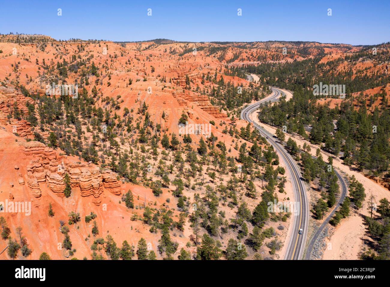 Aerial views of Utah Highway 12 winding through Red Canyon near Bryce ...
