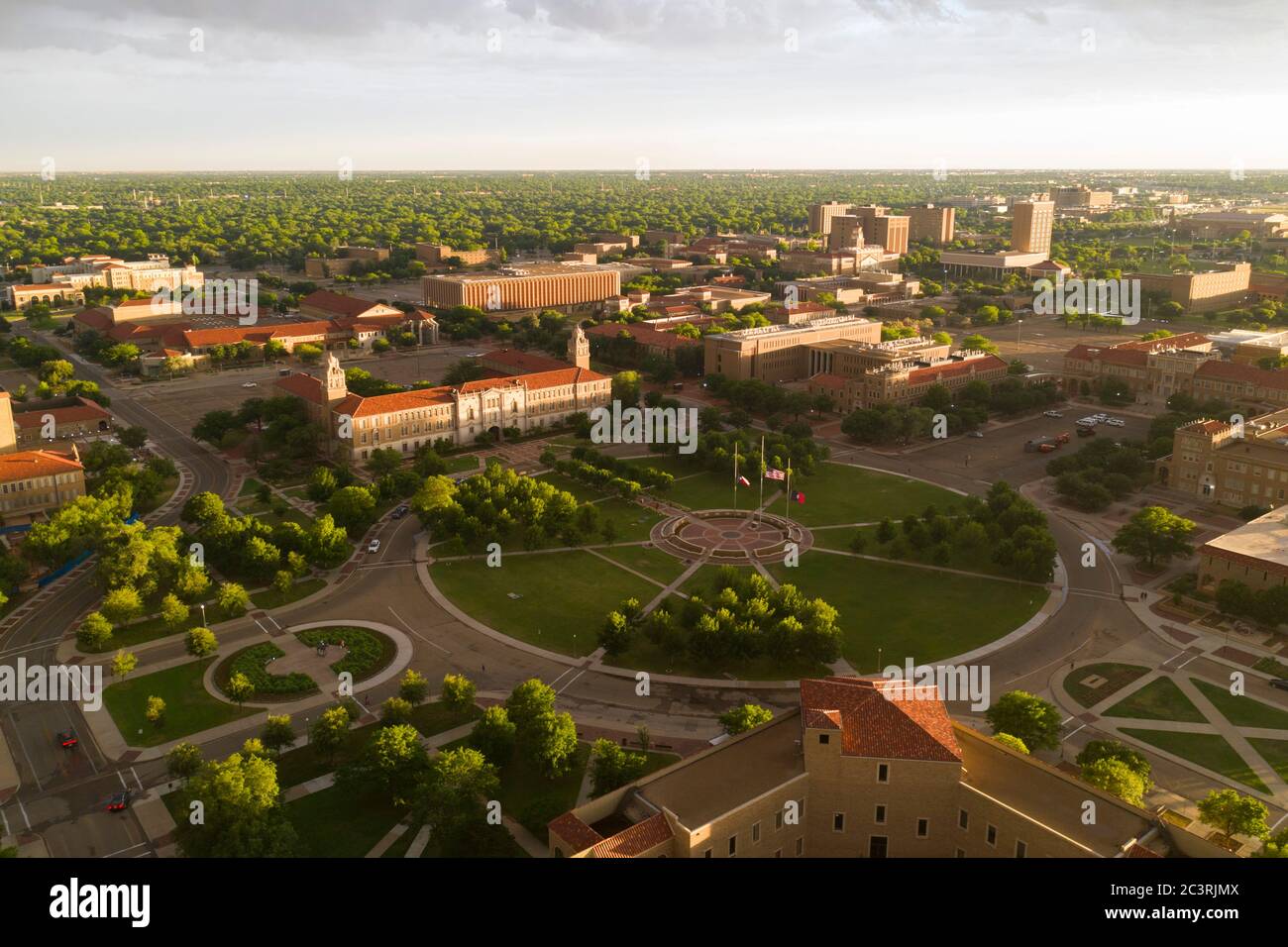 Texas Tech University aerial views at sunset over Memorial Circle in ...
