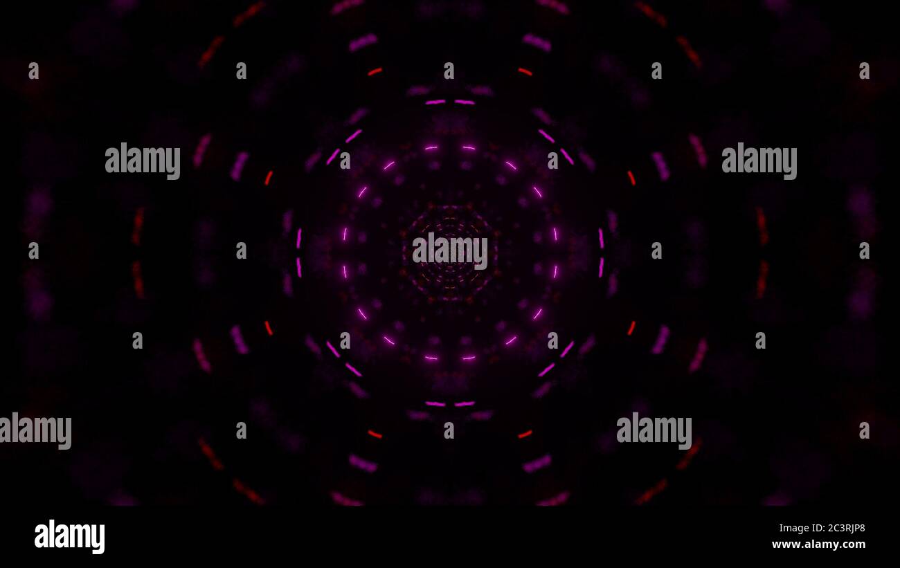 3D rendering of circles of pink laser lights on a black background ...