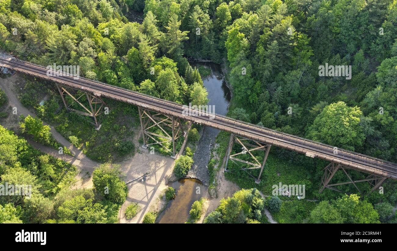 Train Trestle Bridge in a forest Aerial - Springwater/Barrie Ontario ...