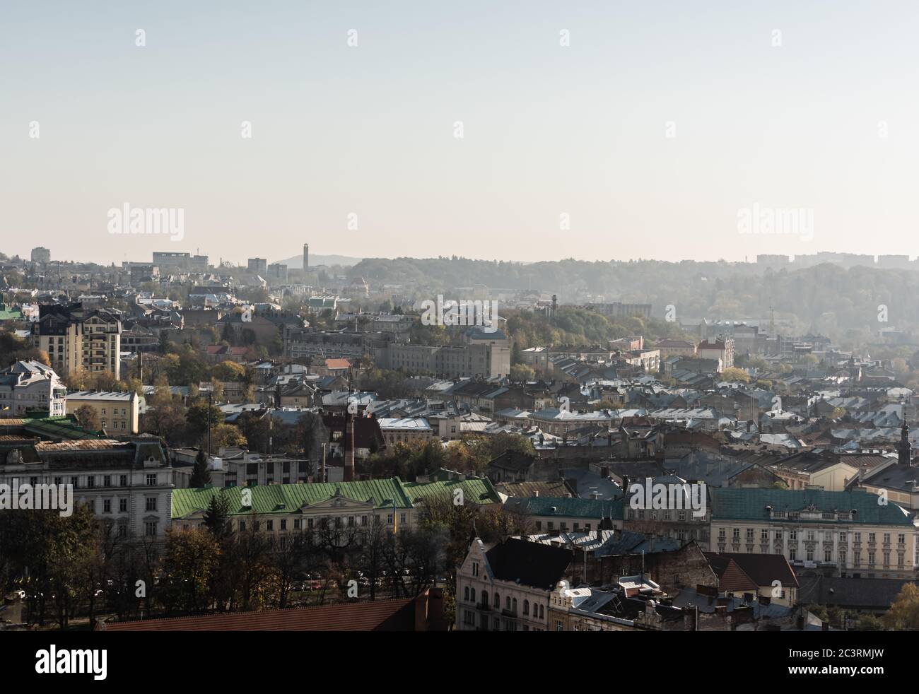 scenic aerial view of city with old houses and skyline, lviv, ukraine ...
