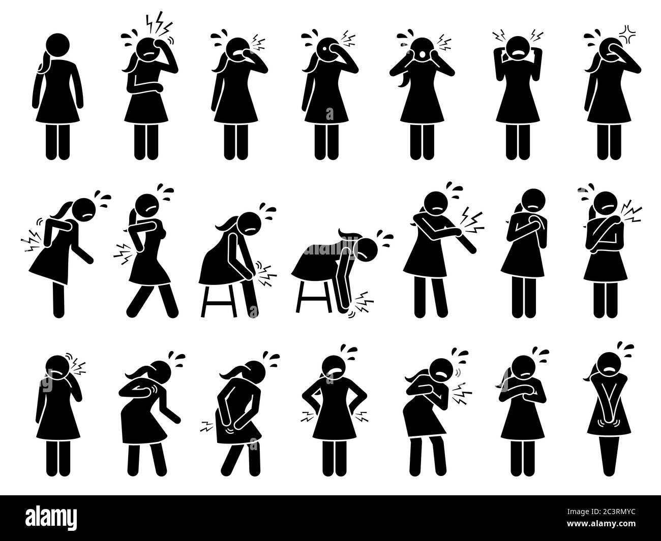 Woman having pain and aches in different parts of the body. Stick ...