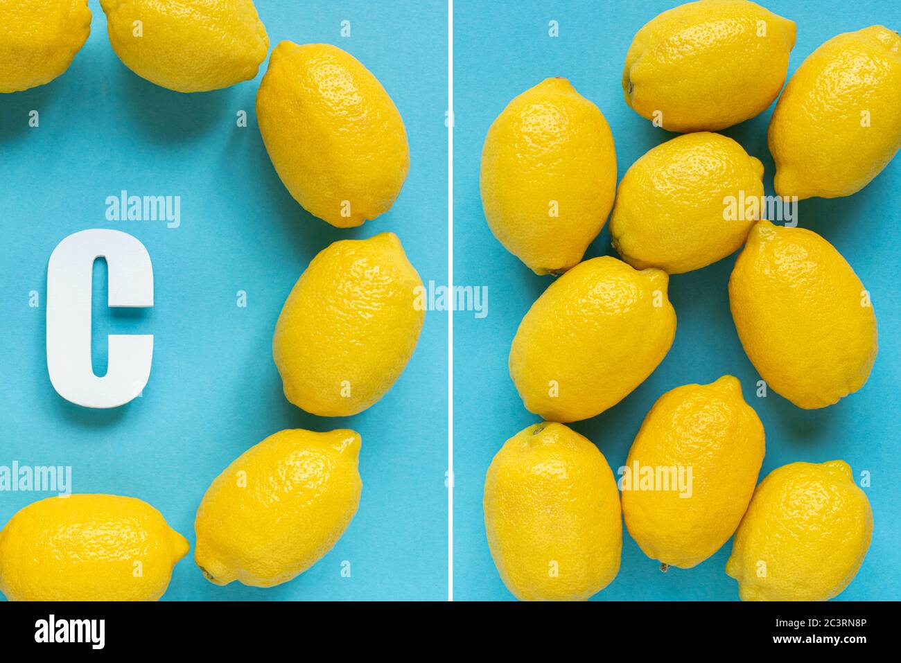 top view of ripe yellow lemons and letter C on blue background, collage ...