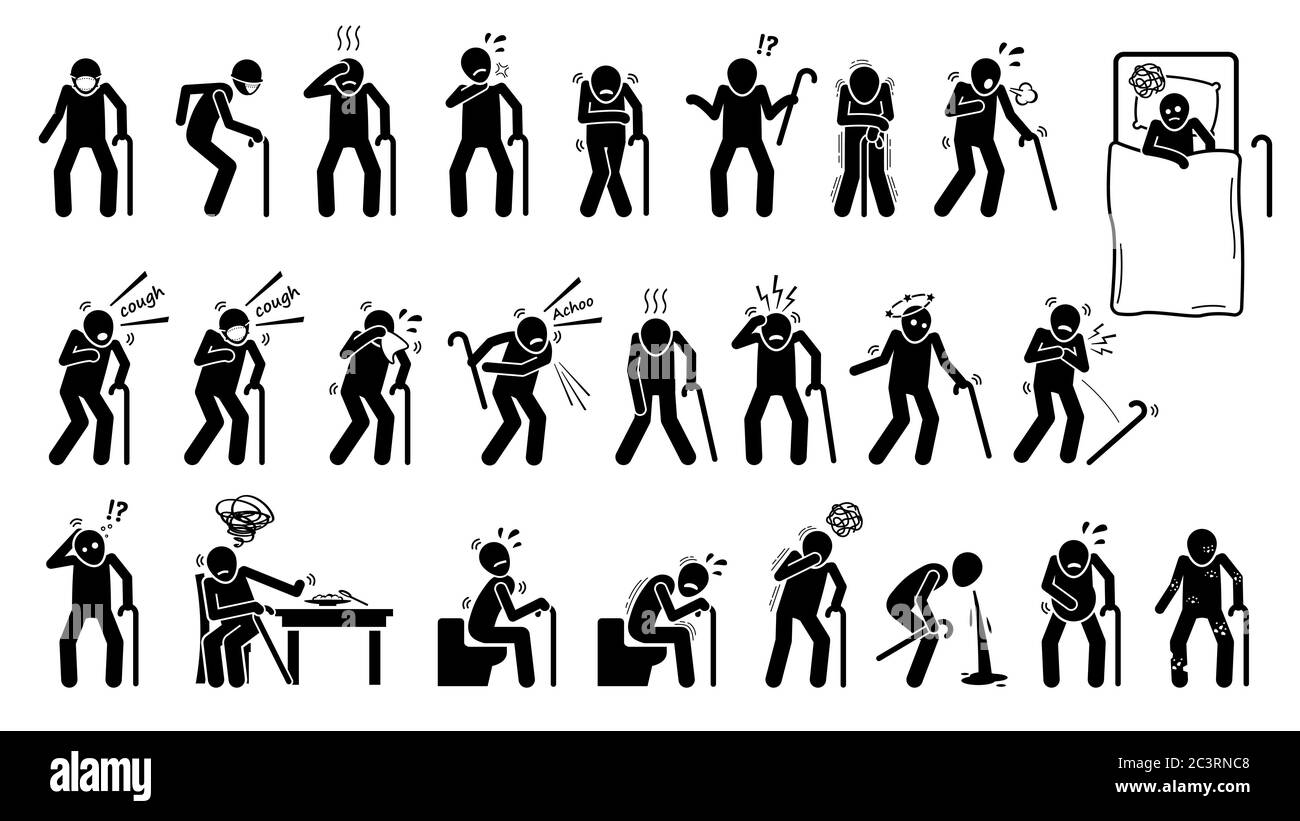 Sick old man infected with disease signs and symptoms. Vector ...