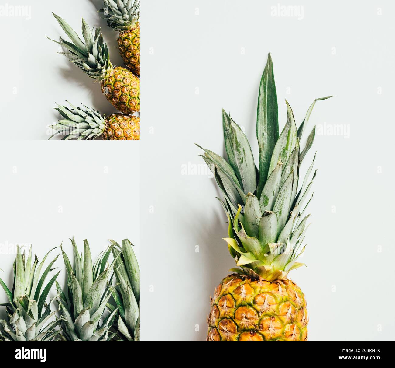 collage of ripe pineapples with green leaves on white background Stock ...