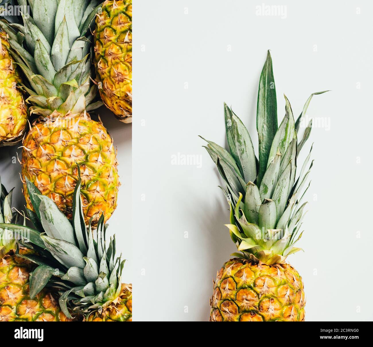 collage of ripe pineapples with green leaves on white background Stock ...