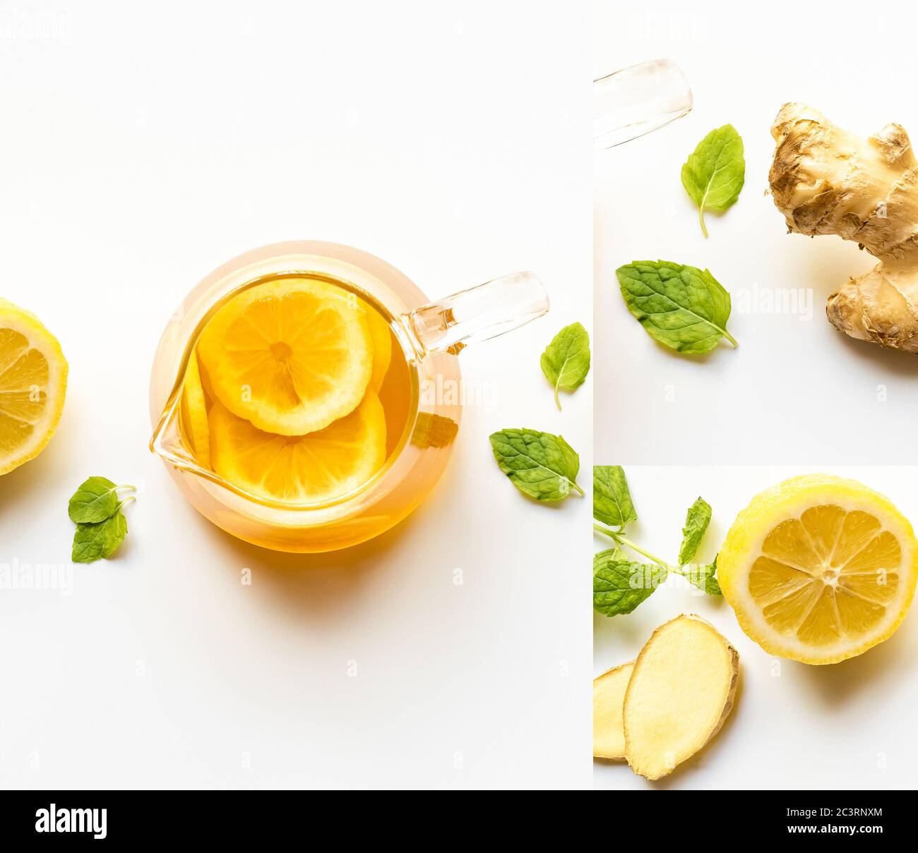 collage of hot tea near ginger root, lemon and mint on white background ...