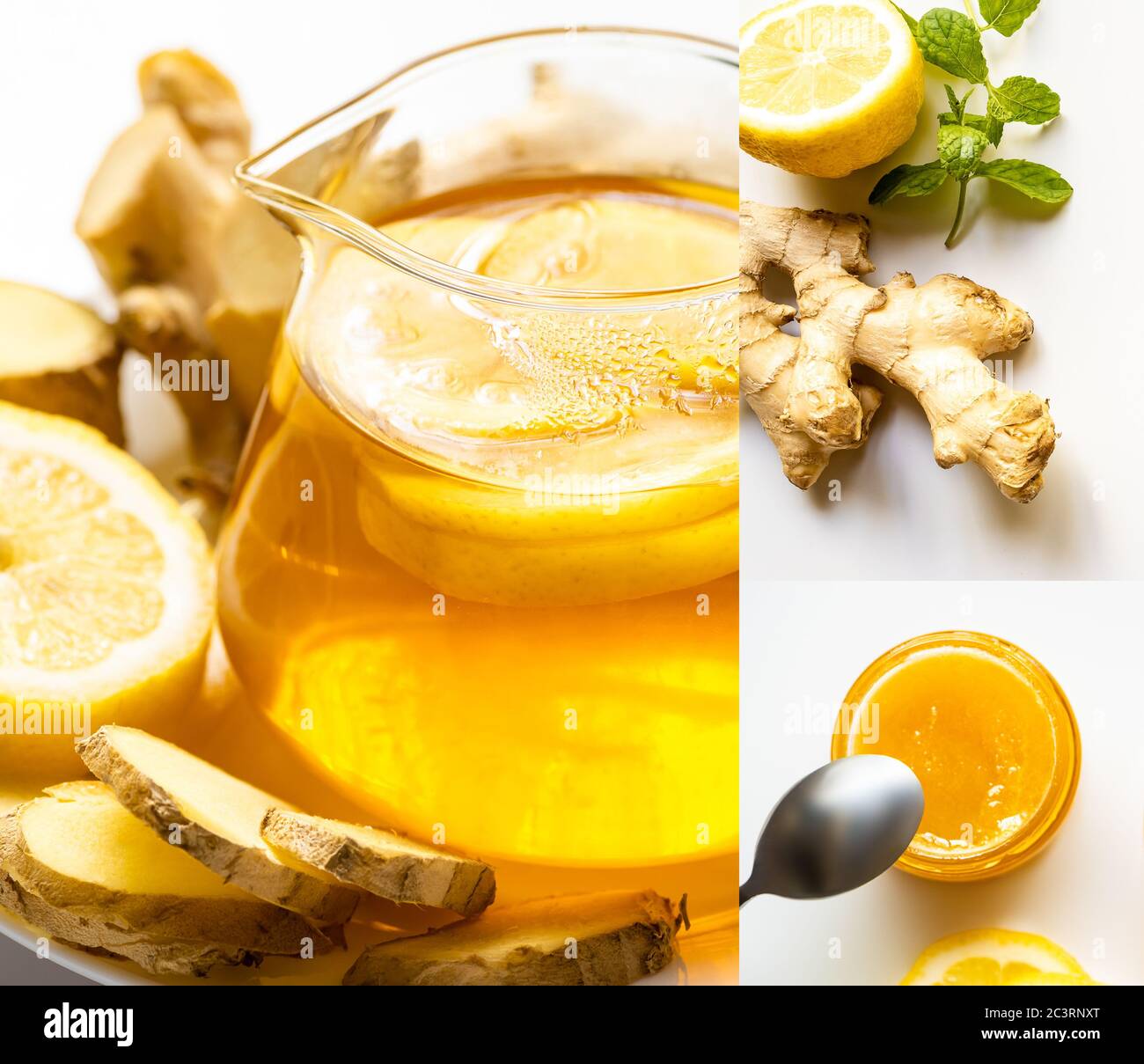 collage of hot tea near honey, ginger root, lemon and mint on white ...