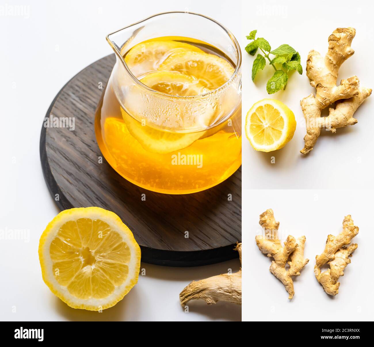 collage of hot tea near ginger root, lemon and mint on wooden board on ...
