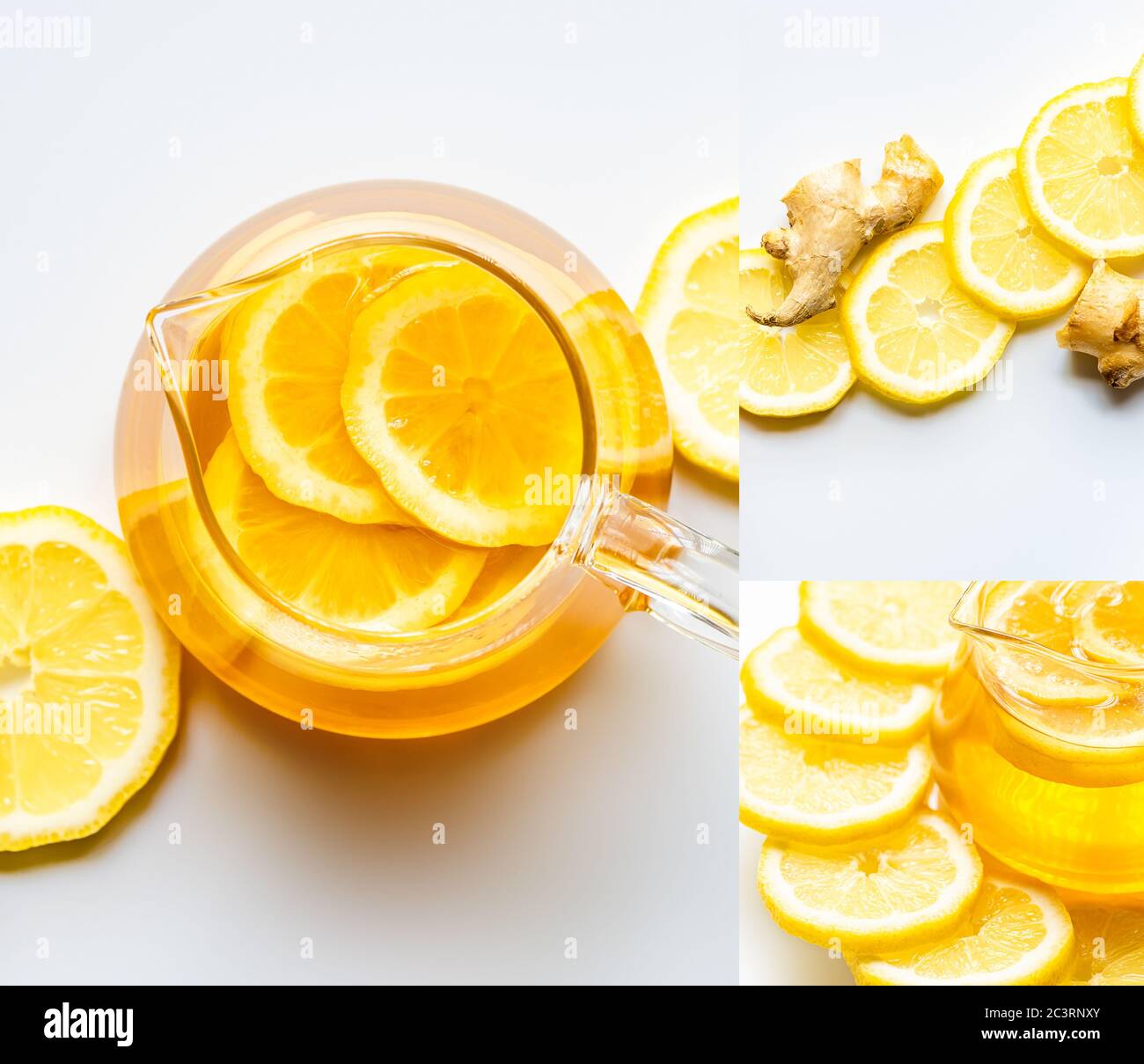 collage of hot tea near ginger root, lemon on white background Stock ...