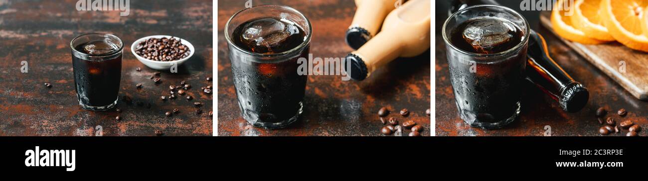 collage of cold brew coffee with ice in glass and bottles near orange ...