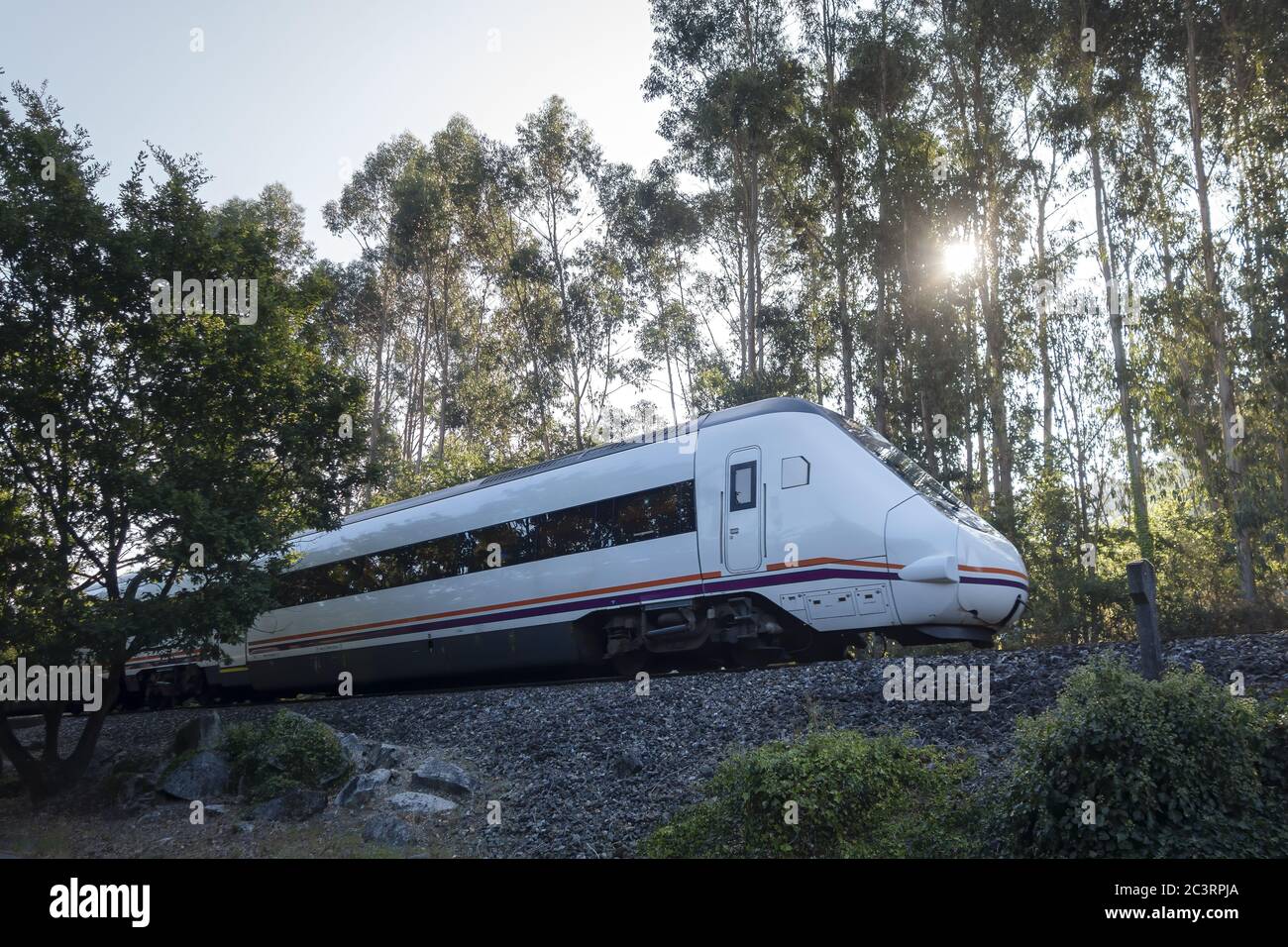 Beautiful scenery of a high-speed train runs on railway tracks and ...