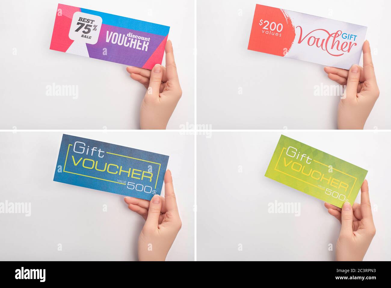 Collage of woman holding gift vouchers on white background Stock Photo ...