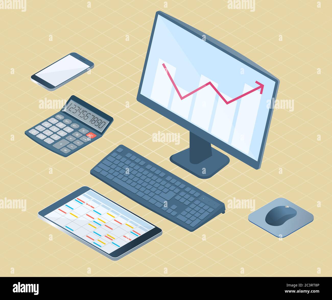 Flat right top view isometric illustration of office desktop electronic ...