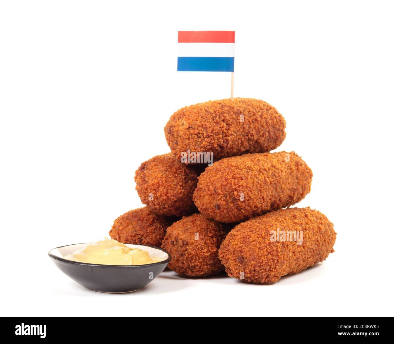 Brown crusty dutch kroketten with dutch flag, isolated on a white ...