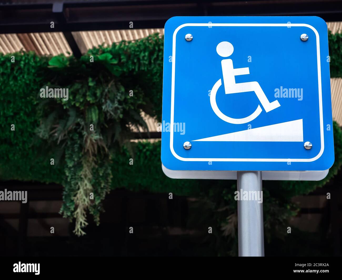 Disabled way sign wth copy space. Wheelchair symbol on blue sign ...