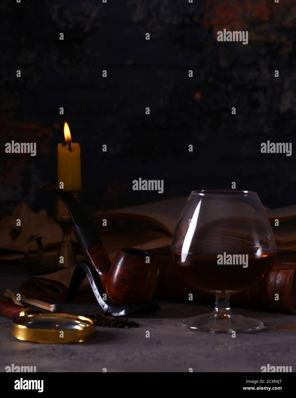 still life with a pipe for smoking and alcohol men's history Stock ...