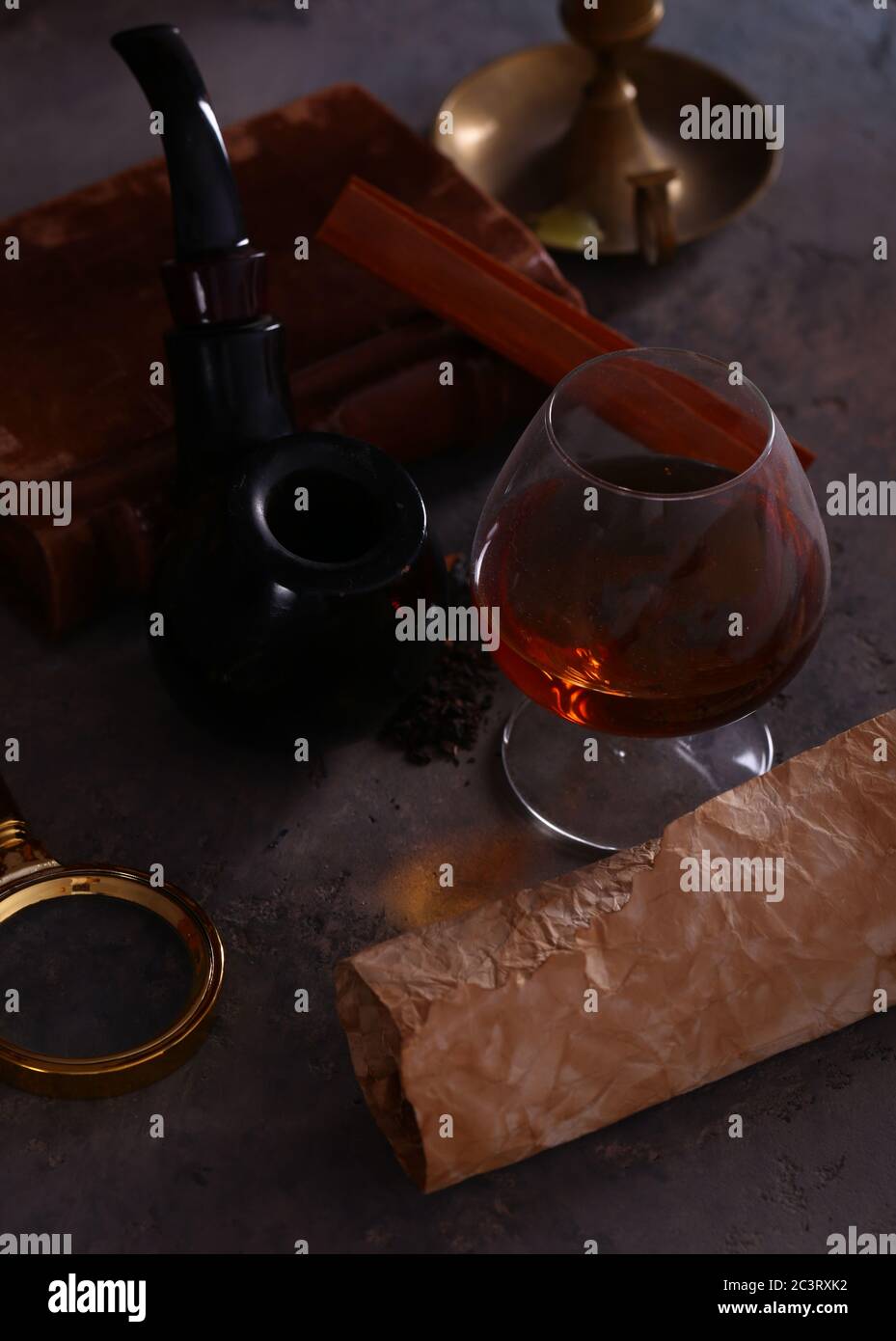 still life with a pipe for smoking and alcohol men's history Stock ...