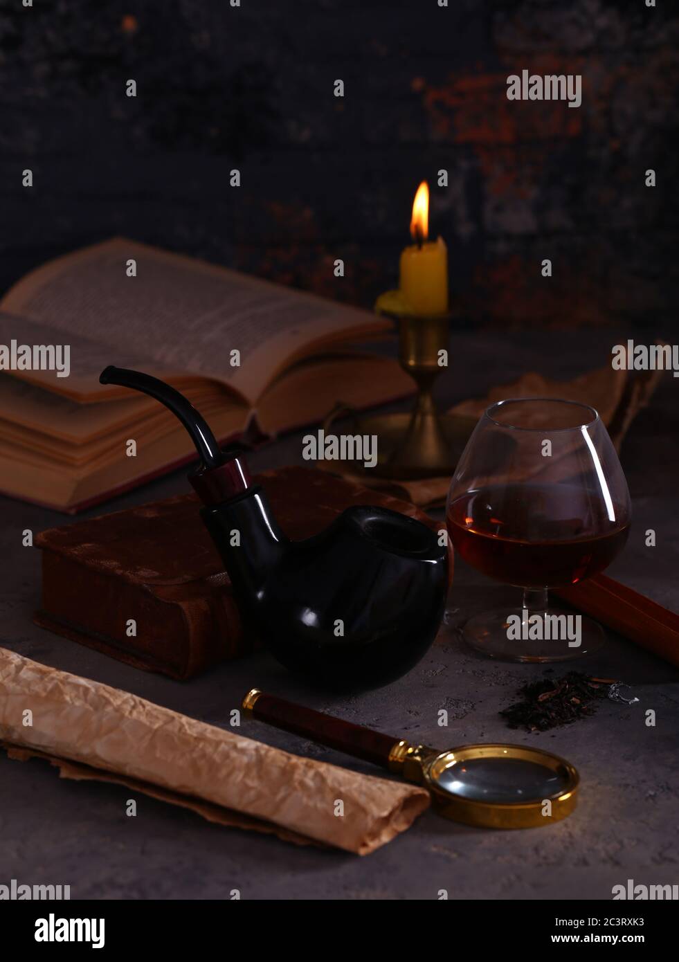 still life with a pipe for smoking and alcohol men's history Stock ...