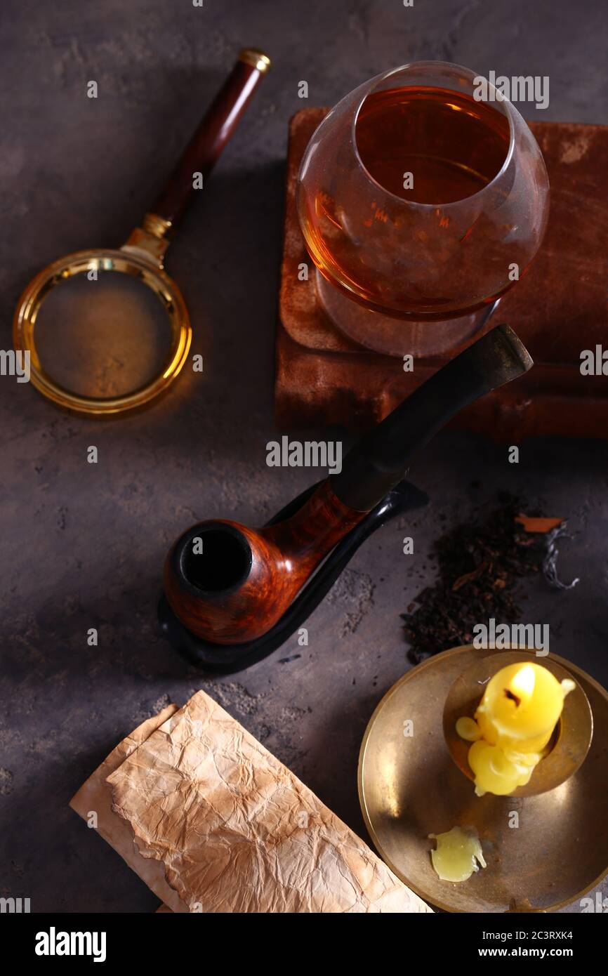 still life with a pipe for smoking and alcohol men's history Stock ...