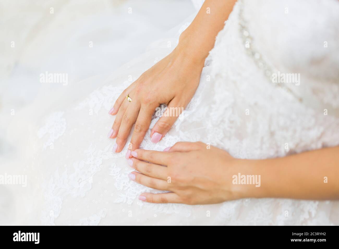 Engagement ring on bride's finger. Wedding day. Beautiful engagement ...