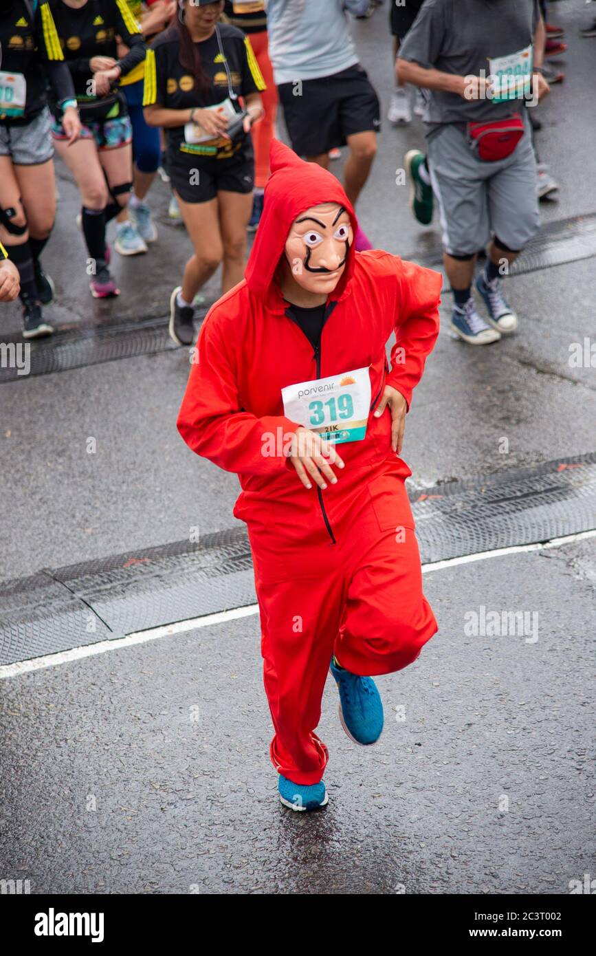 Athletes start the 21 kilometer race of Bogota's Half Marathon, the ...