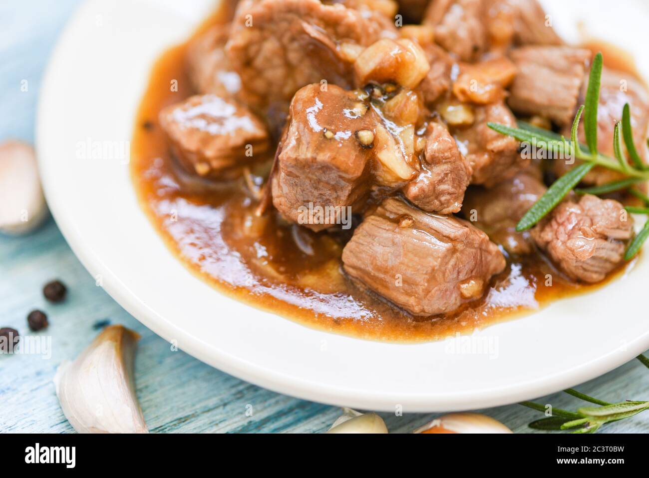 beef cuts and cooked food on white plate / meat beef cube roast bbq ...