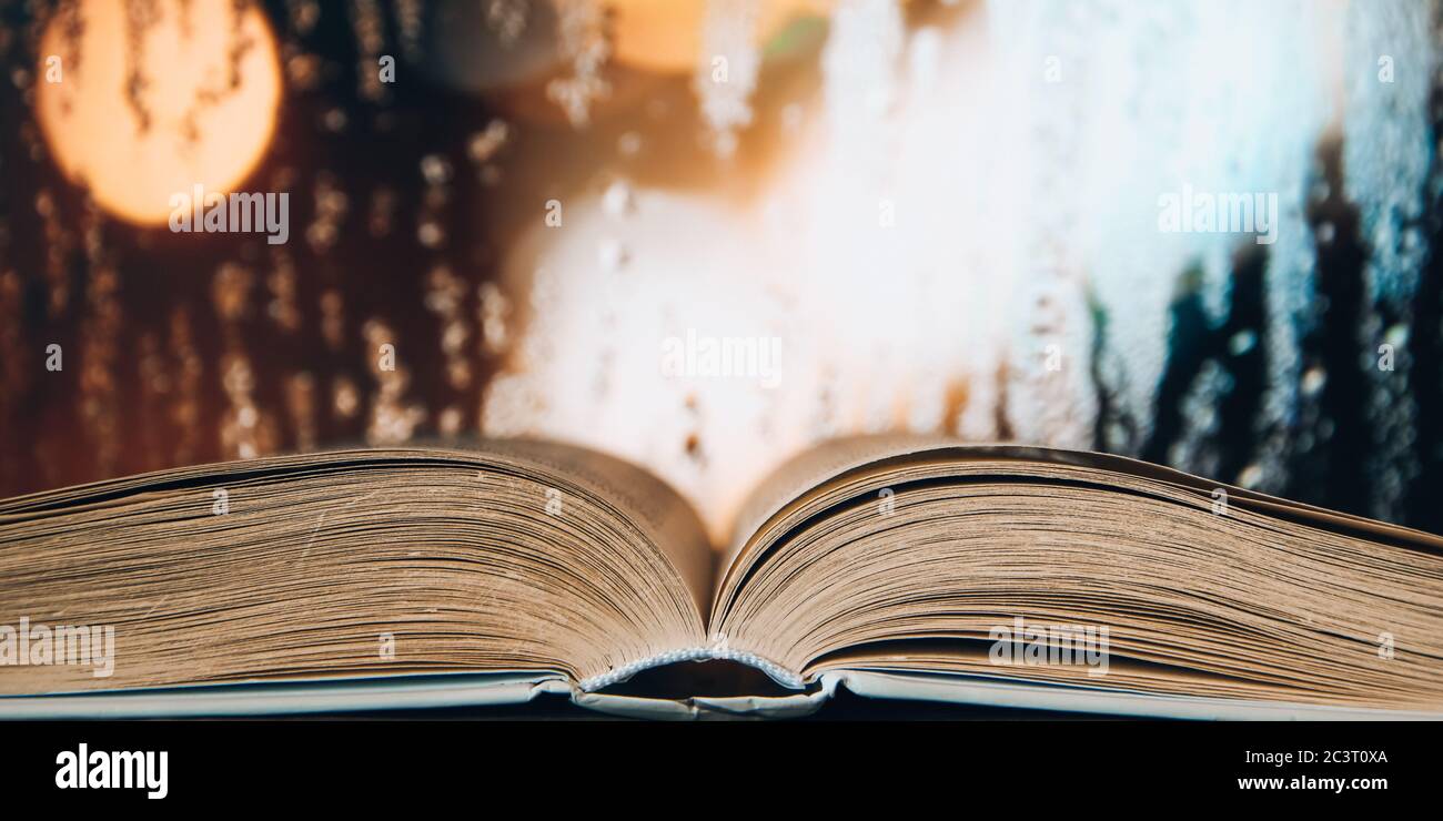 Closeup of a hardcover book open in the middle, Open book, window ...