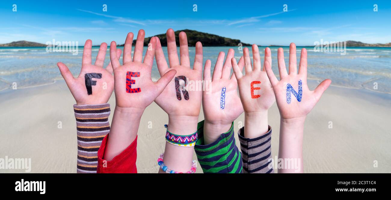 Children Hands Building Word Ferien Means Holidays, Ocean Background ...