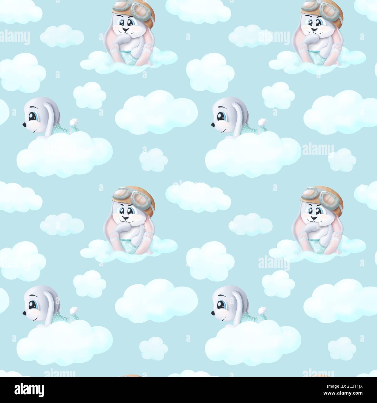 Cute hand drawn Bunny sitting on a cloud seamless pattern background ...