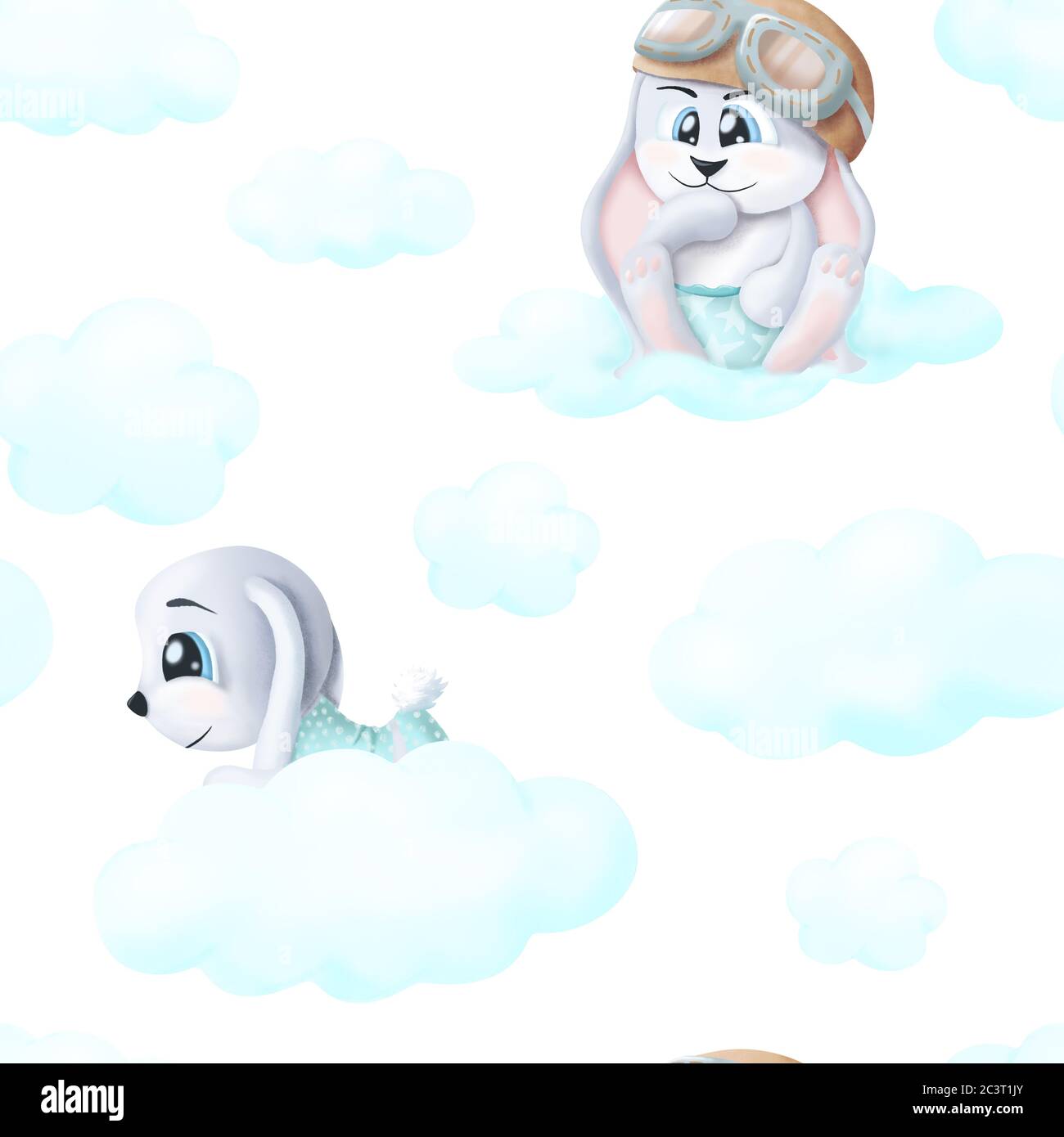Cute hand drawn Bunny sitting on a cloud seamless pattern background ...