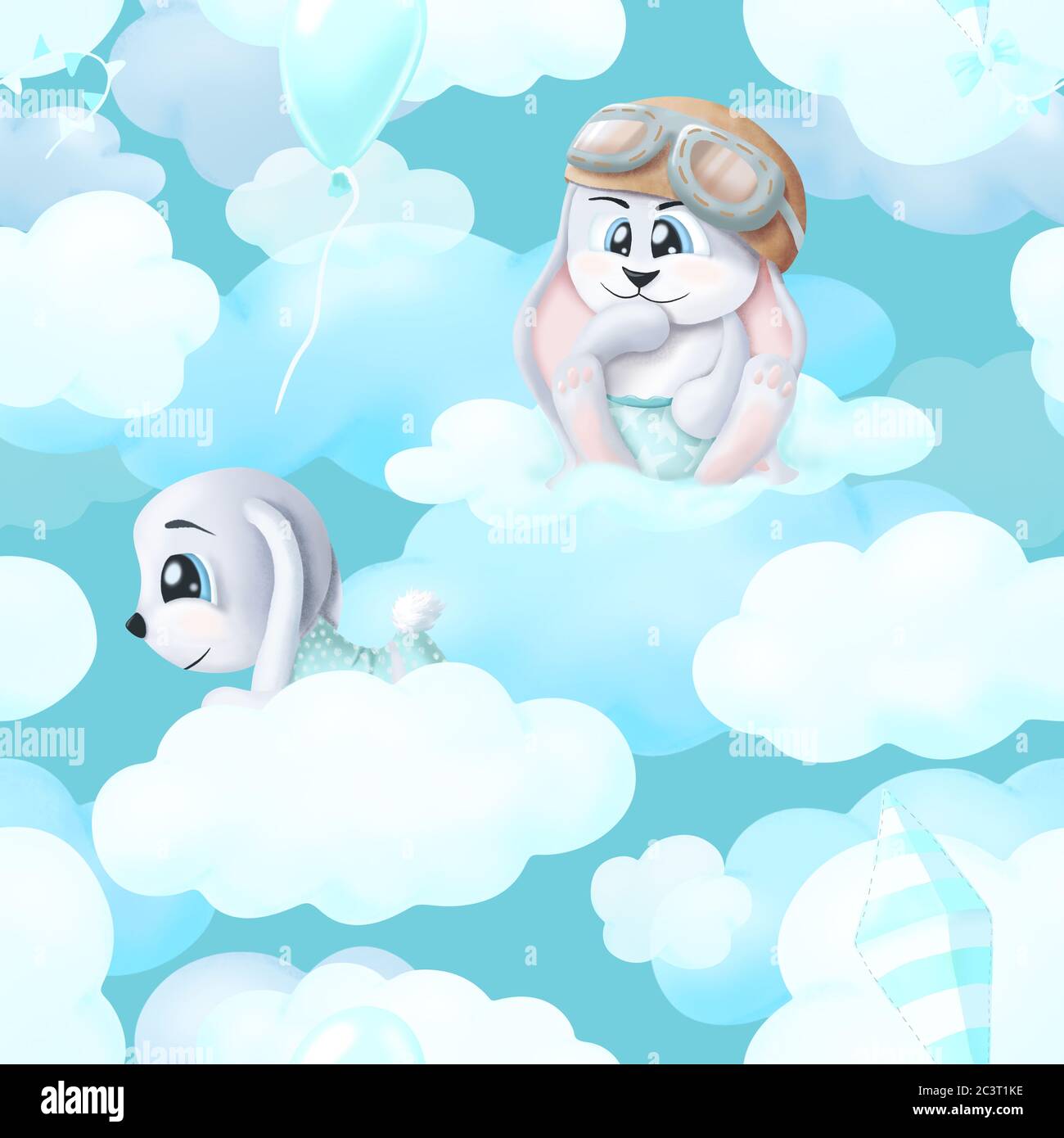 Cute hand drawn Bunny sitting on a cloud seamless pattern background ...