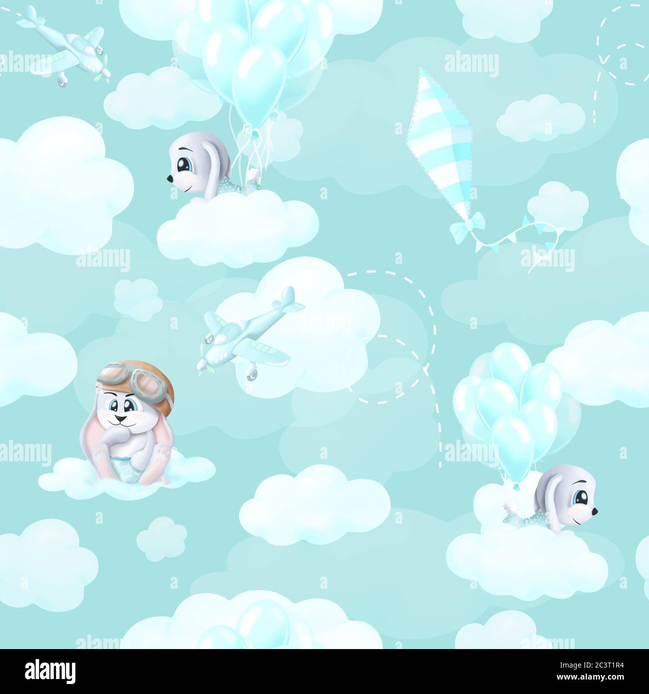 Cute hand drawn Bunny sitting on a cloud seamless pattern background ...