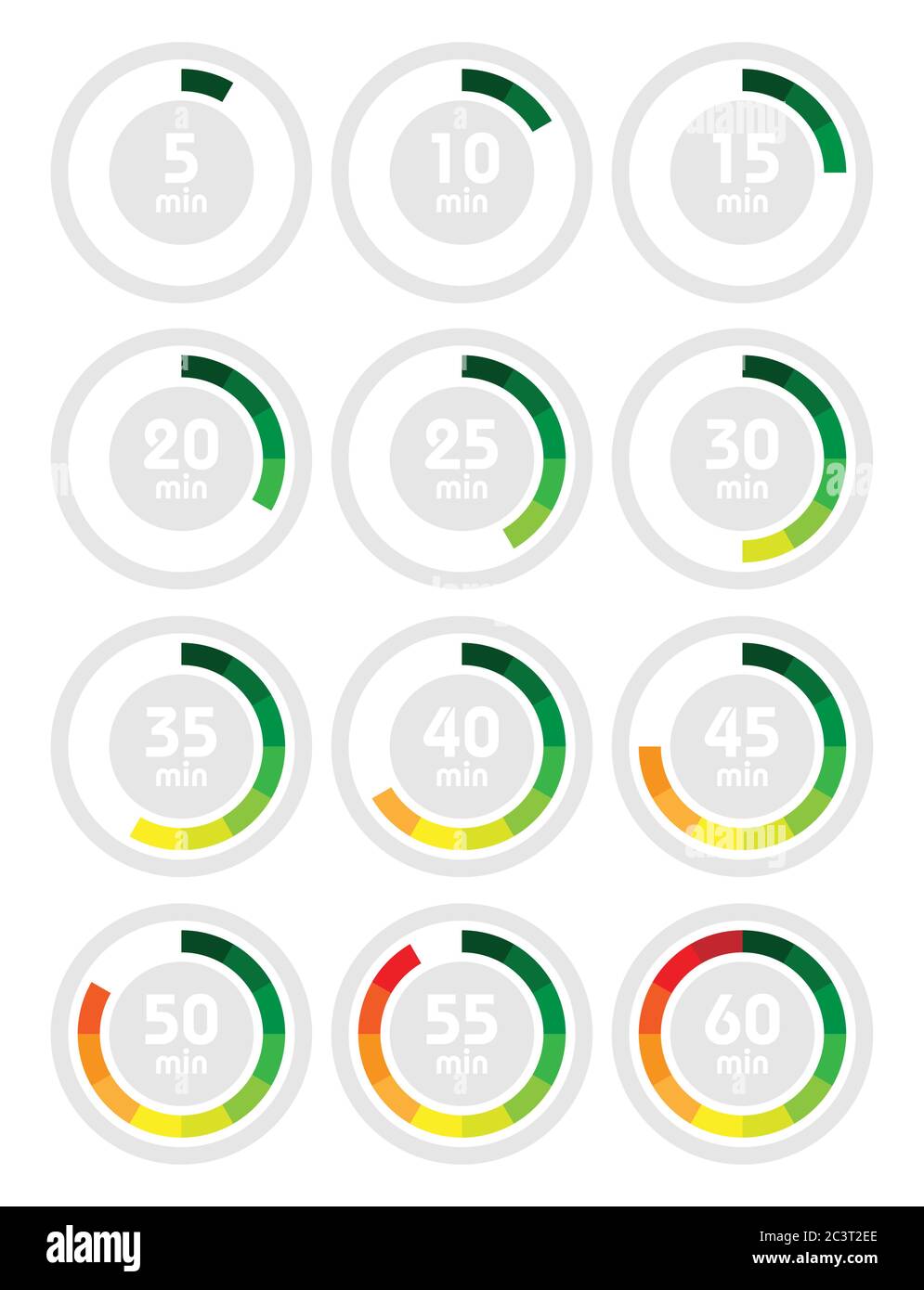 Set of timers. Sign icon. Full rotation arrow timer. Colored flat icons ...